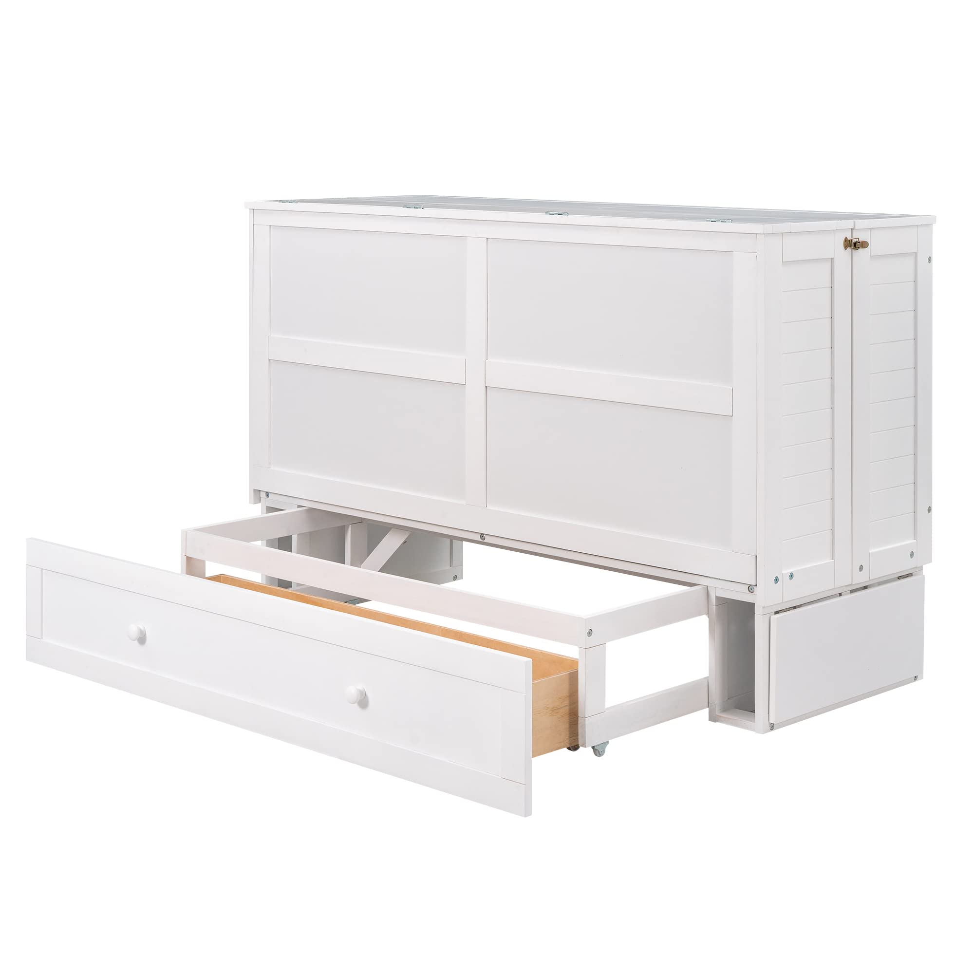 Harper & Bright Designs Queen Size Mobile Murphy Bed with Drawer and Little Shelves on Each Side, Wood Queen Size Bed Frame, White