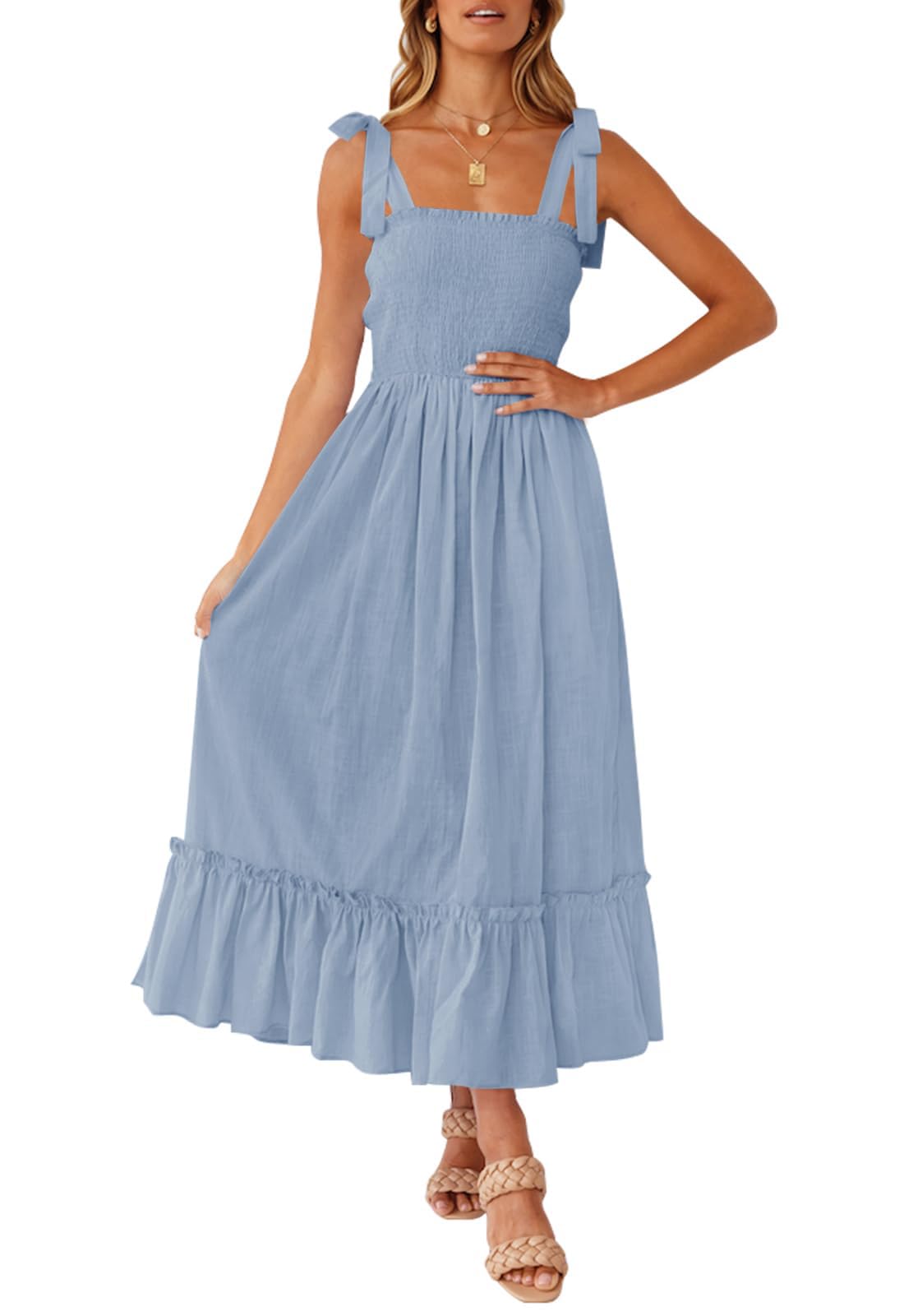 ZESICA Women's 2025 Summer Boho Spaghetti Strap Square Neck Solid Color Ruffle A Line Beach Long Maxi Dress,Blue,Small