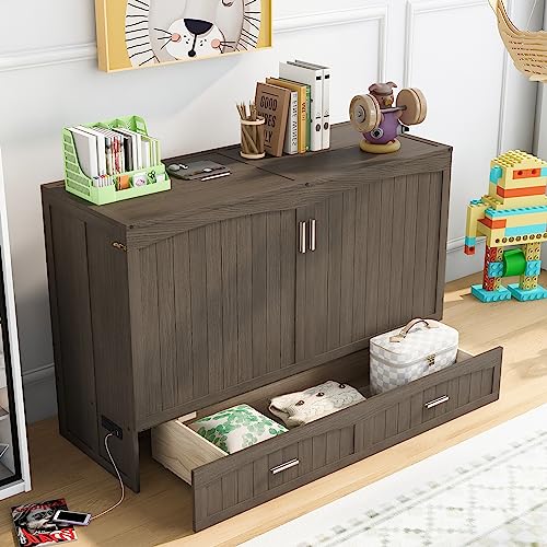 DEYOBED Wooden Queen Size Murphy Bed Frame, Folding Sofa Beds with Bilt-in Charging Station and Large Drawer, Space Saving, Antique Gray