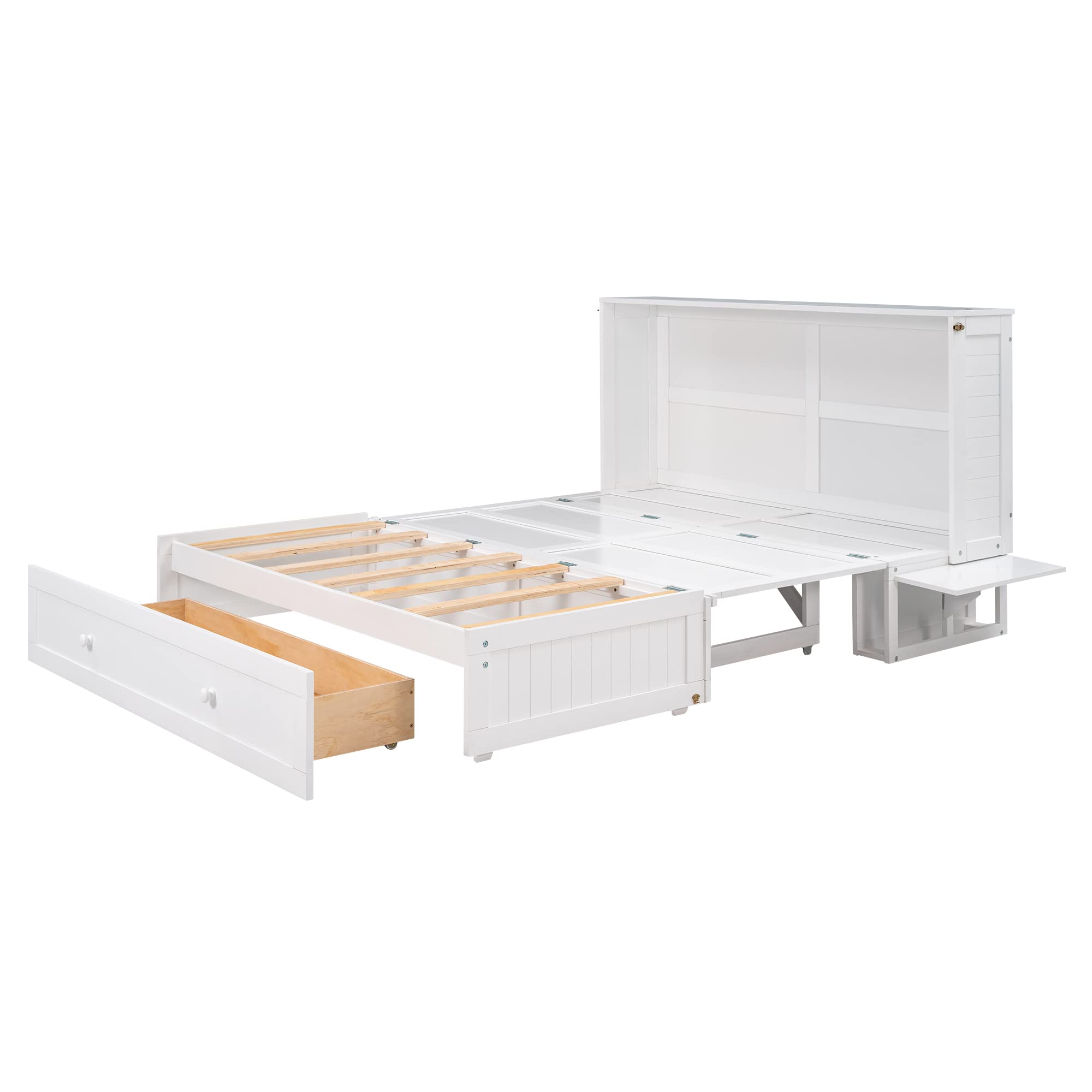 Harper & Bright Designs Queen Size Mobile Murphy Bed with Drawer and Little Shelves on Each Side, Wood Queen Size Bed Frame, White