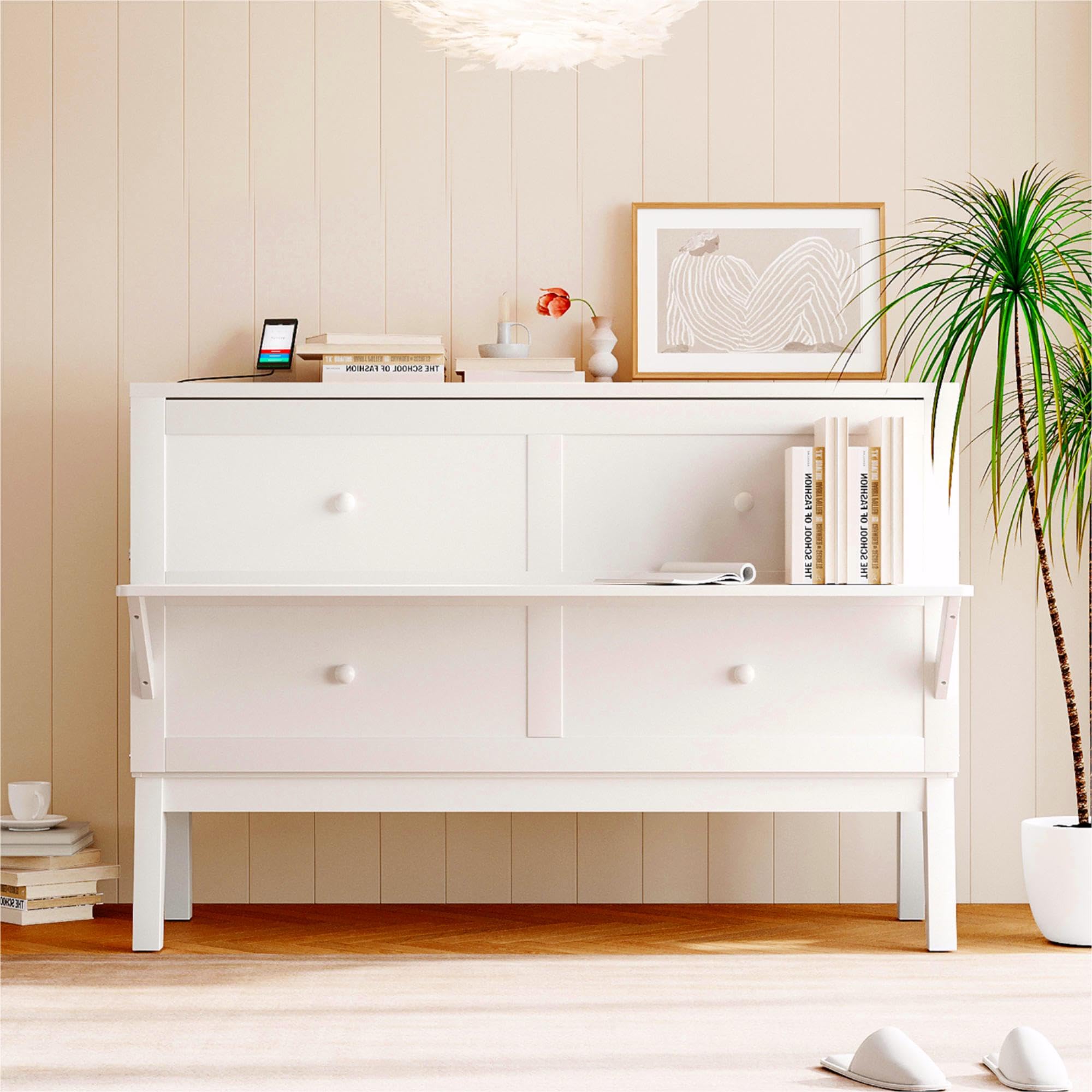 CKLMMC Queen Size Murphy Bed with USB Port and Removable Shelves on Each Side, Solid Wood Muti-Functional Cube Cabinet Bed for Home Office (White/W1)