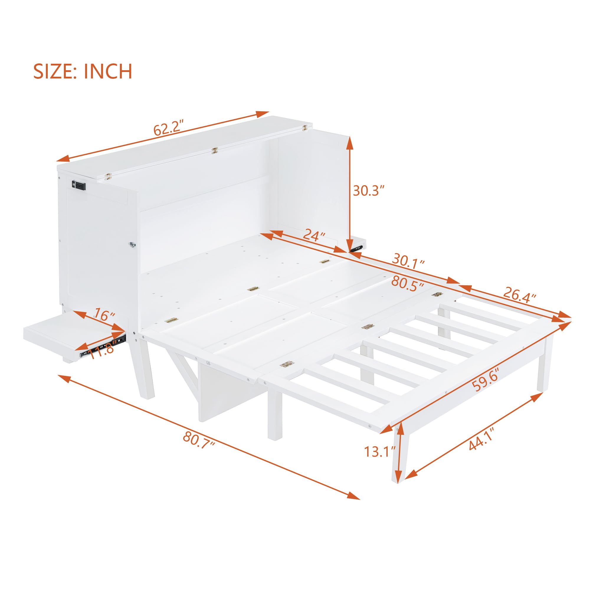 CKLMMC Queen Size Murphy Bed with USB Port and Removable Shelves on Each Side, Solid Wood Muti-Functional Cube Cabinet Bed for Home Office (White/W1)