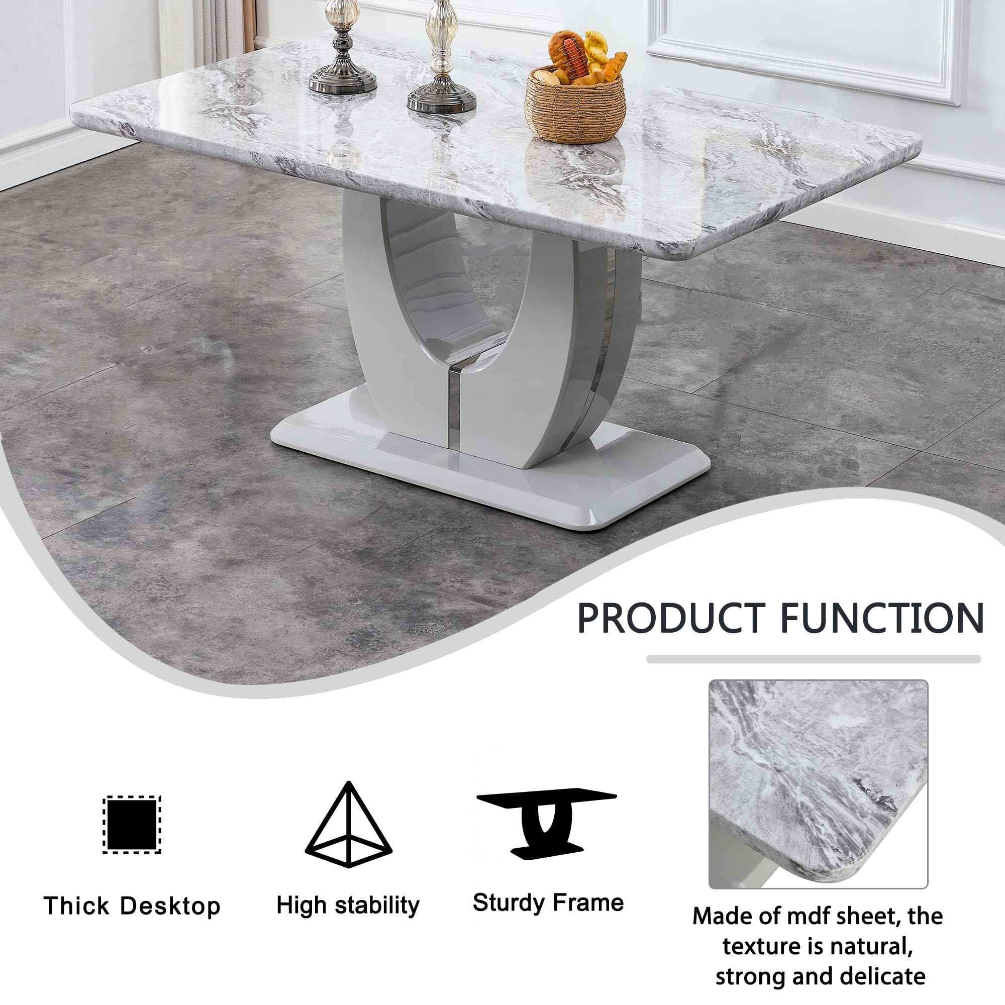 63" Luxurious White Imitation Marble Dining Table, Modern Rectangular Dining Table with Faux Marble Top and U-Shape MDF Base, Office Computer Table for Kitchen Living Dining Room(No Chairs)