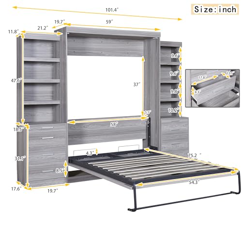 DEYOBED Multifunctional Full Size Murphy Bed with Storage Shelves and Drawers, Solid Wood Platform Wall Bed Cabinet for Guest Room Home Office, Ideal for Small Spaces, Gray