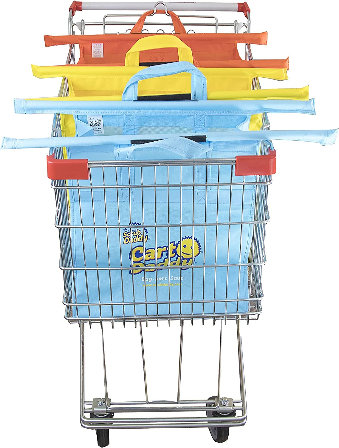 Scrub Daddy Cart Daddy Reusable Grocery Bags - 2 Large Orange & Yellow Cart Bags for Bulky, Light Items + 1 Small Blue Cart Organizer Tote for Heavy, Fragile Items - Foldable, Washable & Expandable