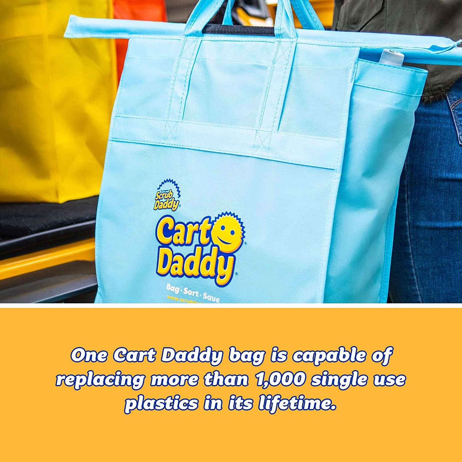 Scrub Daddy Cart Daddy Reusable Grocery Bags - 2 Large Orange & Yellow Cart Bags for Bulky, Light Items + 1 Small Blue Cart Organizer Tote for Heavy, Fragile Items - Foldable, Washable & Expandable