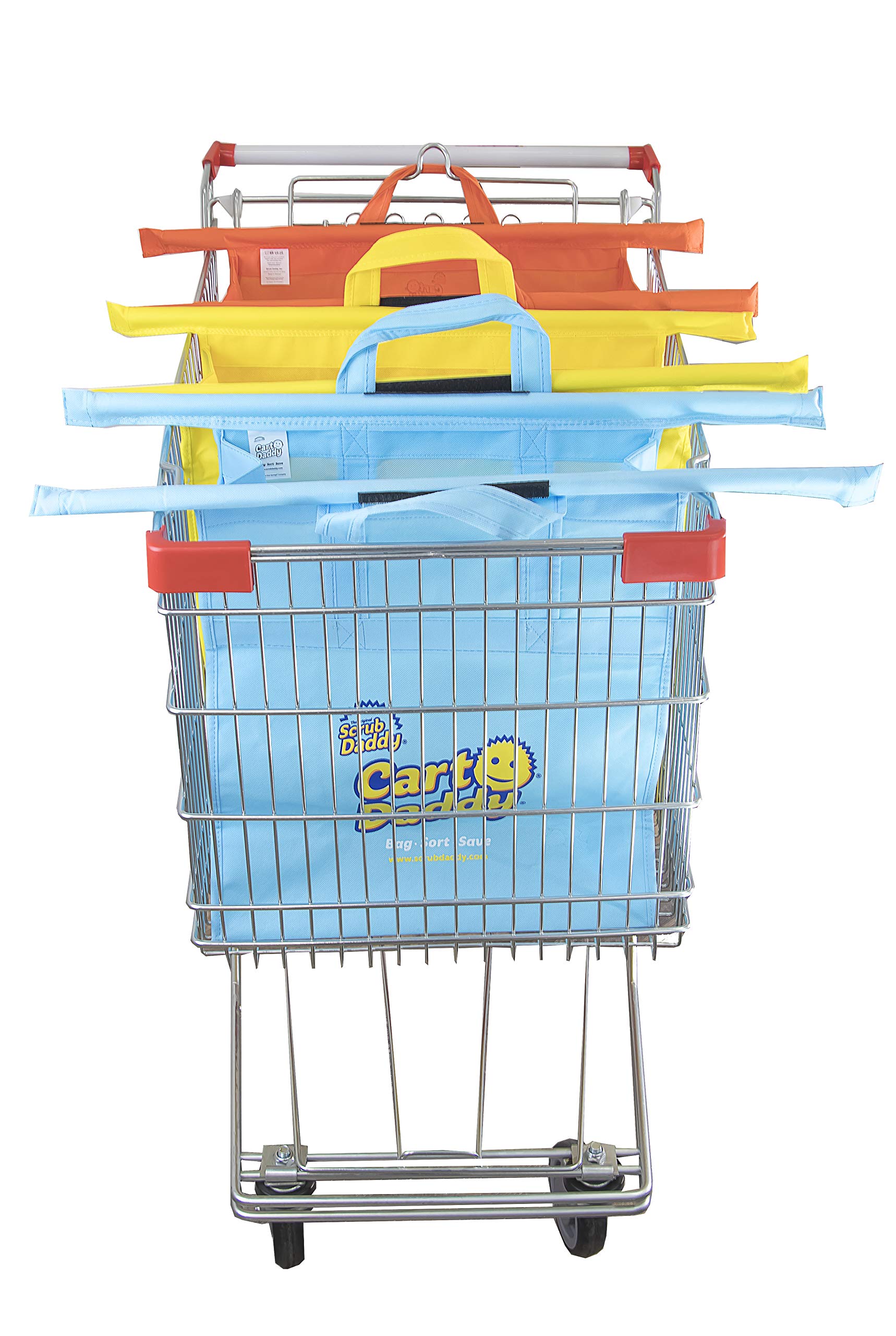 Scrub Daddy Cart Daddy Reusable Grocery Bags - 2 Large Orange & Yellow Cart Bags for Bulky, Light Items + 1 Small Blue Cart Organizer Tote for Heavy, Fragile Items - Foldable, Washable & Expandable