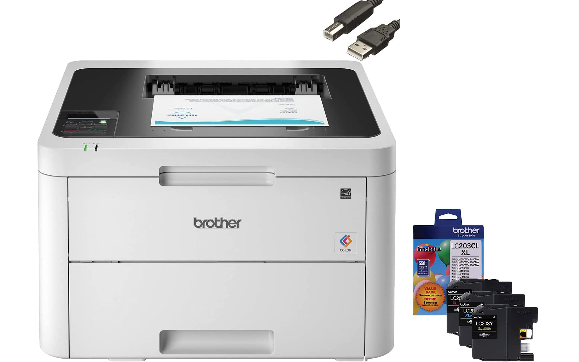Brother HL-L3210CW Compact Digital Color Printer Providing Laser Printer Quality Results, Built-in Wireless, 250-sheet Paper Tray, 600 x 2400dpi, Works with Alexa, Bundle with JAWFOAL Printer Cable