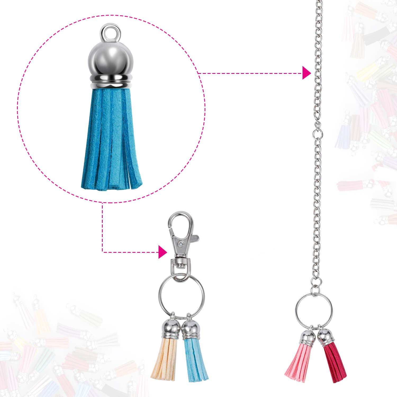 Paxcoo 120Pcs Keychain Tassels Acrylic Keychain Blanks Keychain Rings Bulk for DIY Keychain Key Rings Craft Supplies
