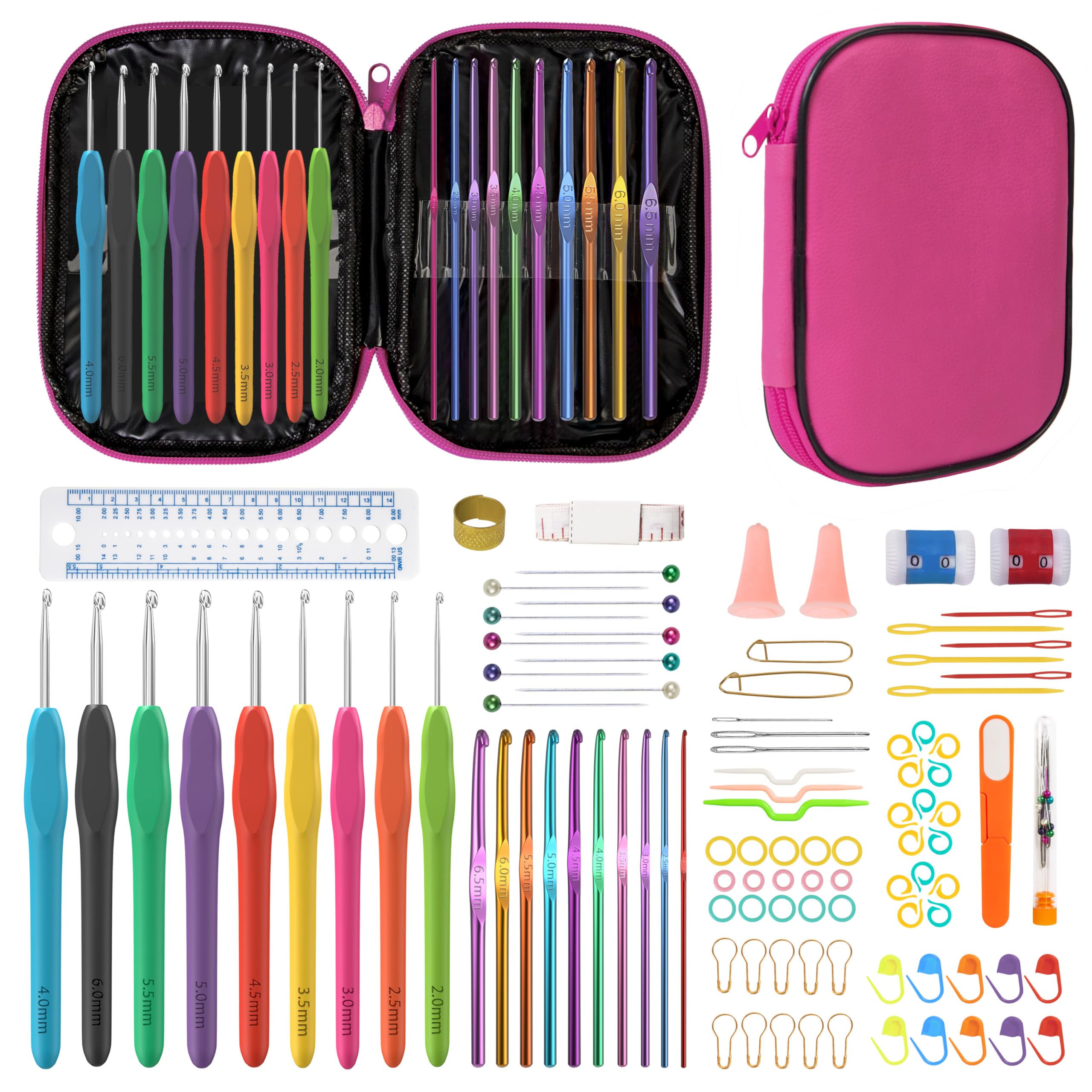 AFSTEE 109Pcs Crochet Hooks Set, Knitting Supplies Crochet Kit for Beginners with Case, Multicolor Aluminum Ergonomic Yarn Knitting Needles Sewing Tools Crochet Accessories