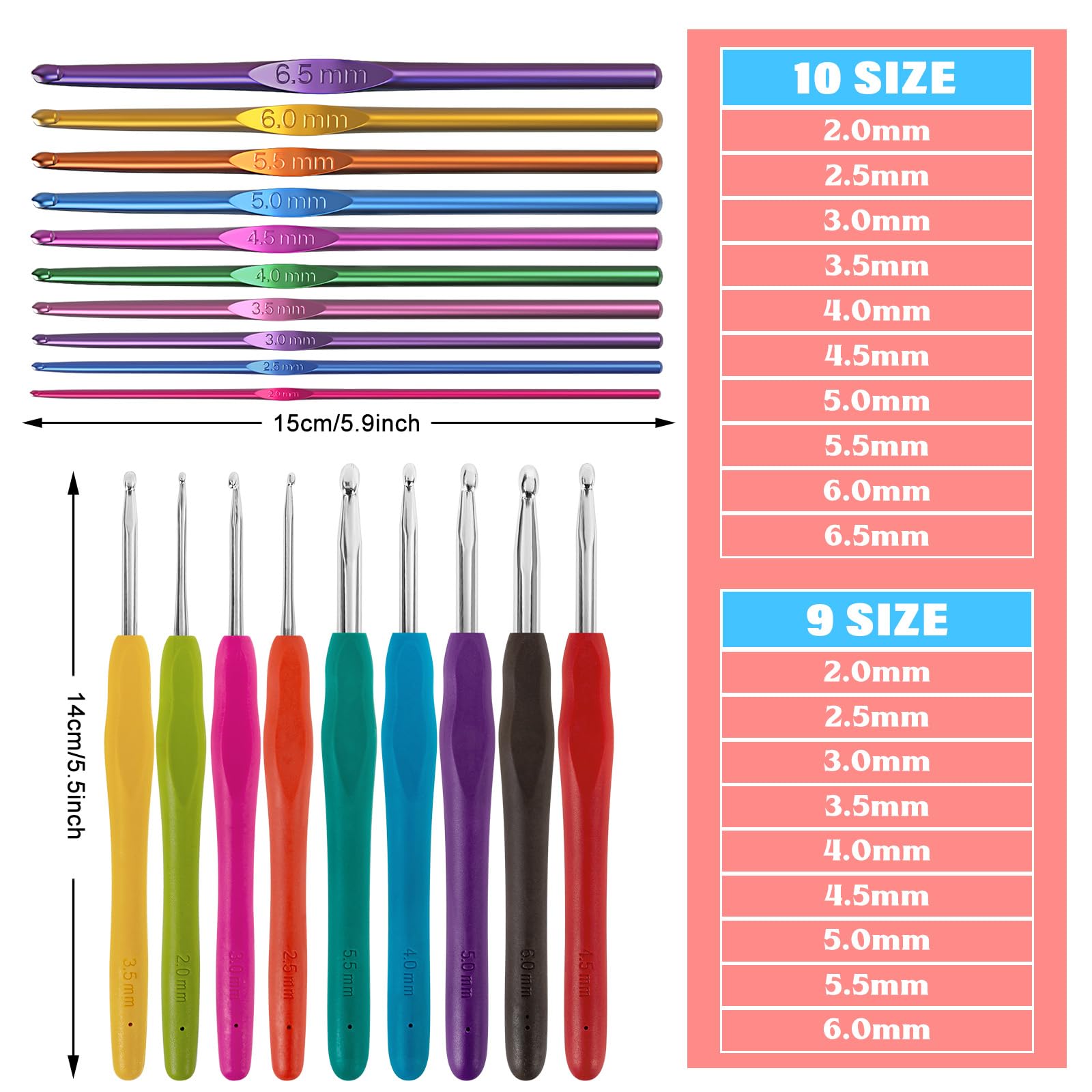 AFSTEE 109Pcs Crochet Hooks Set, Knitting Supplies Crochet Kit for Beginners with Case, Multicolor Aluminum Ergonomic Yarn Knitting Needles Sewing Tools Crochet Accessories