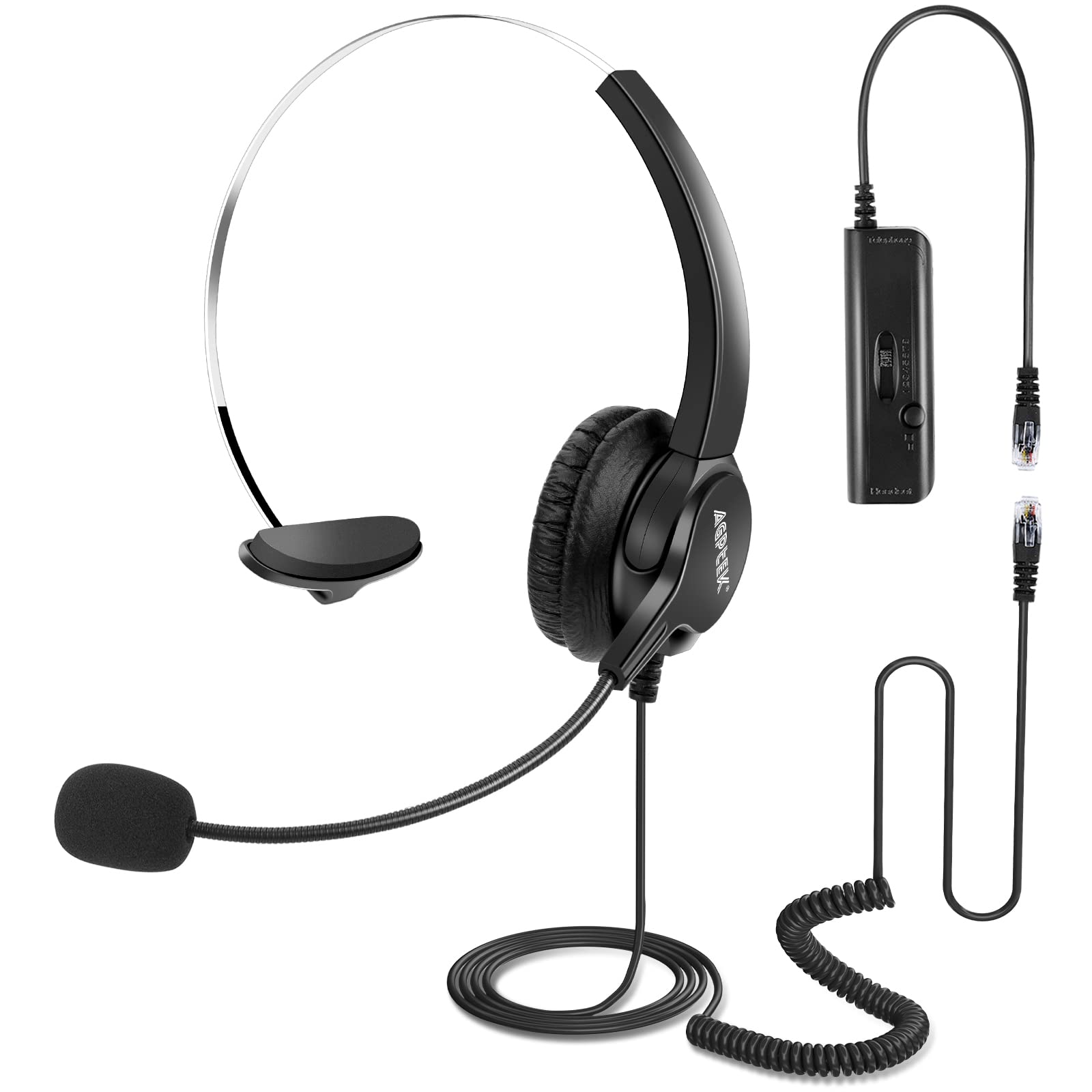 AGPTEK® Hands-Free Call Center Noise Cancelling Corded Monaural Headset Headphone for Desk Telephone with 4-Pin RJ9 Crystal Head