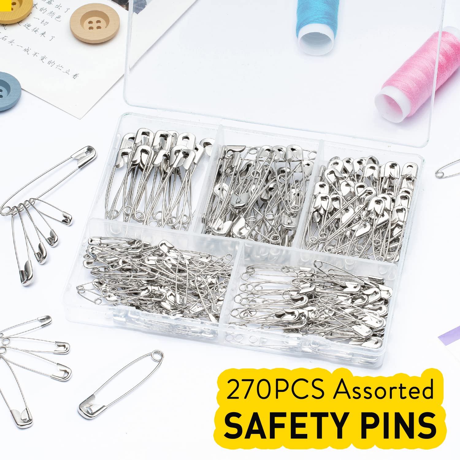 Crafare 280 Pack 1-2.2 inch Safety Pins Rust-Resistant Nickel Plated Steel Sharp Edge for Clothes, Sewing, Arts & Craft
