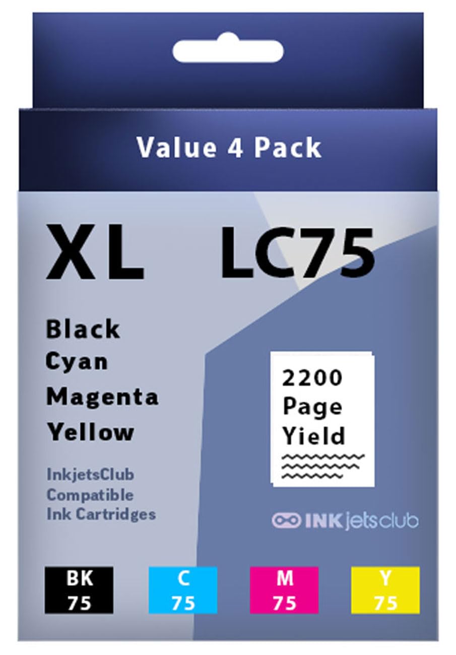 INKjetsclub Brother LC75 High Yield Ink Cartridge Ink Cartridge Replacement 4 Pack Value Pack. Includes 1 Black, 1 Cyan, 1 Magenta and 1 Yellow Compatible Ink Cartridges