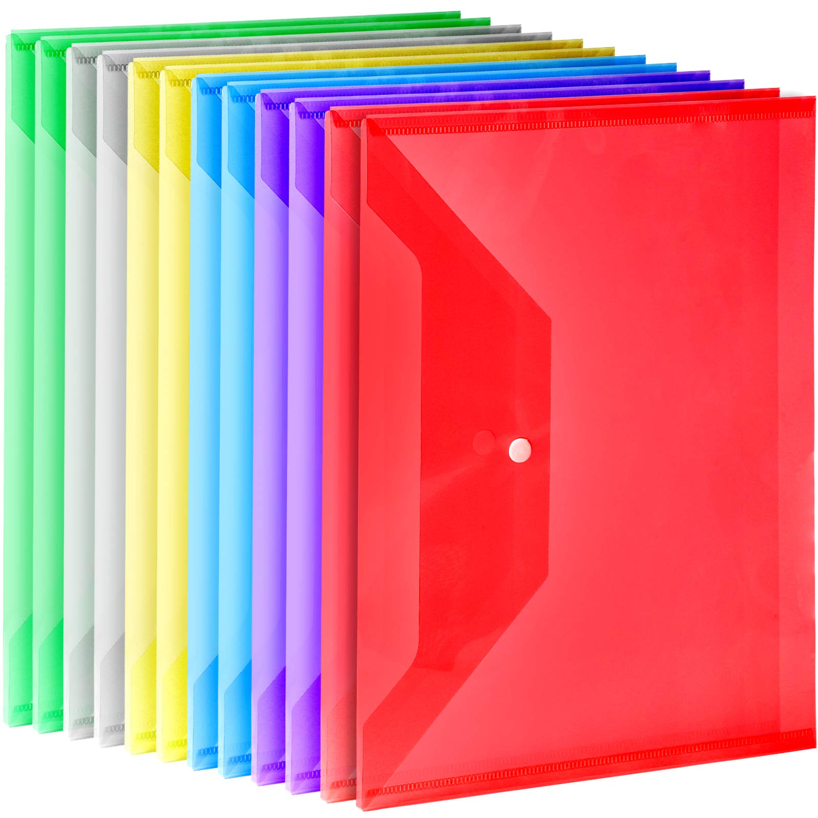 12 Pack Plastic Envelopes Poly Envelopes, LEOBRO A4 Clear File Bags Document Folders Document Organizers with Snap Button for Document Stationery Tools Organization, in 6 Assorted Colors