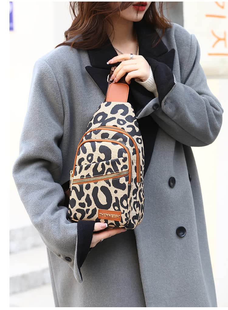 OANEXX Leopard Print Chest Bag for Women Letter Print Crossbody Sling Backpack with Wide Strap Multipurpose Fanny Daypack (leopard print)