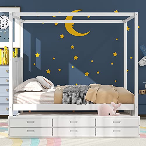 Harper & Bright Designs Queen Canopy Bed with Trundle and Three Storage Drawers, Solid Wood 4-Post Canopy Platform Bed Frame with Headboard and Slat Support, No Box Spring Needed (Queen Size, White)