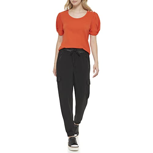 KARL LAGERFELD PARIS Women's Short Button Detail Puff Sleeve Top, Spicy Orange, Small