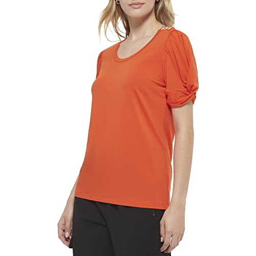KARL LAGERFELD PARIS Women's Short Button Detail Puff Sleeve Top, Spicy Orange, Small