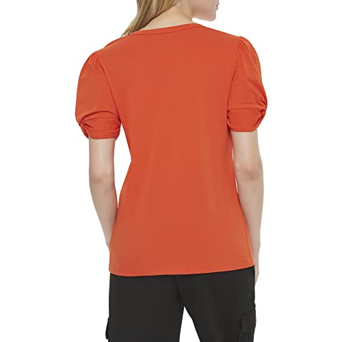 KARL LAGERFELD PARIS Women's Short Button Detail Puff Sleeve Top, Spicy Orange, Small