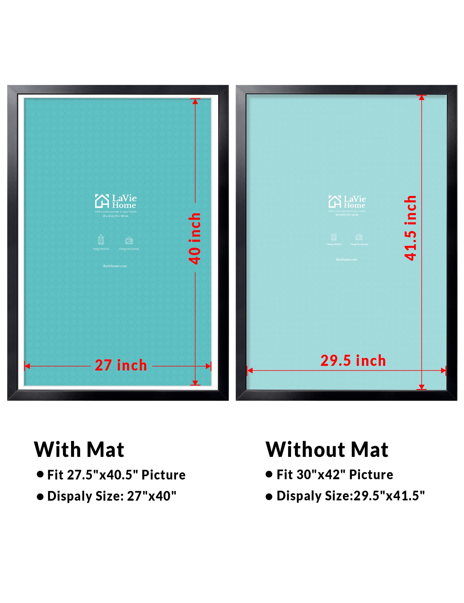 LaVie Home 30 x 42 Poster Frame Black, Display Pictures 27x40 with Mat or 30x42 Without Mat, Stable and Sturdy Picture Frame and Polished Plexiglass, Horizontal and Vertical Format of The Wall(1 Pack)
