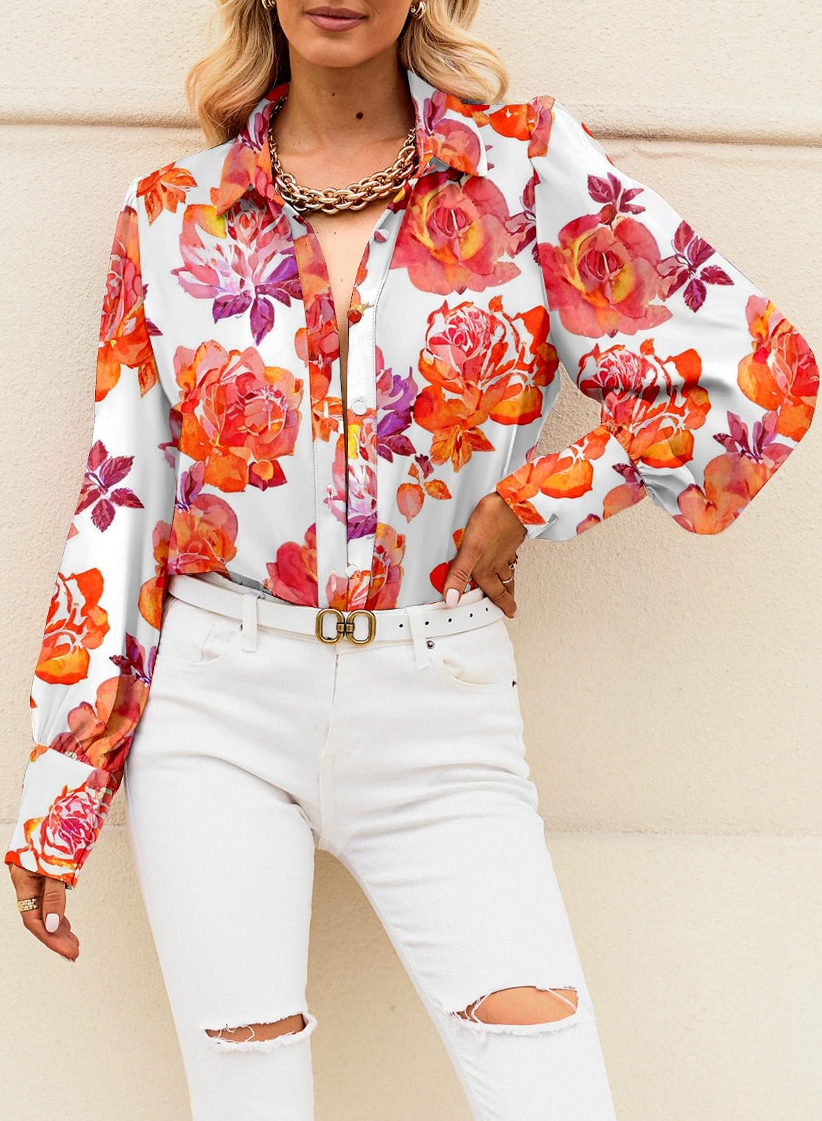 EVALESS Womens Tops Long Sleeve Shirt Cute Print Blouses for Women Fashion 2025 Red Button Down Shirt for Women Dressy Casual Boho Clothes Outfits for Holiday Sexy V Neck Tops for Spring Fall,Small