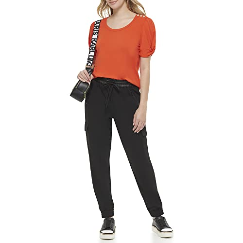 KARL LAGERFELD PARIS Women's Short Button Detail Puff Sleeve Top, Spicy Orange, Small