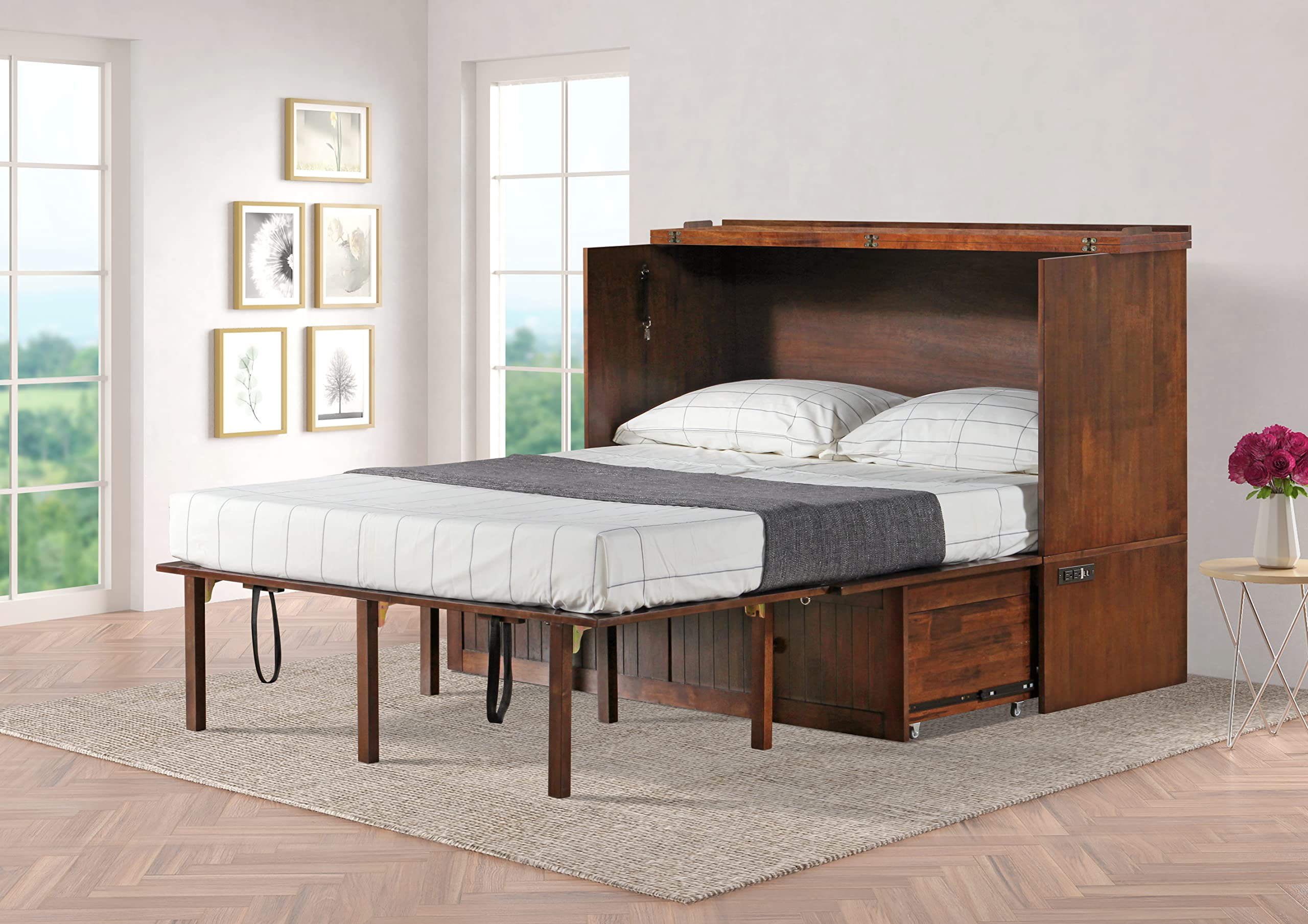 Murphybedz Tuscany Murphy Cabinet Chest Bed with Charging Station 6 Inch, Queen (Tobacco)