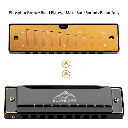 EastRock Blues Harmonica Mouth Organ 10 Hole C Key with Case, Diatonic Harmonica for Professional Player, Beginner, Students gifts, Adult, Friends, Gift Black