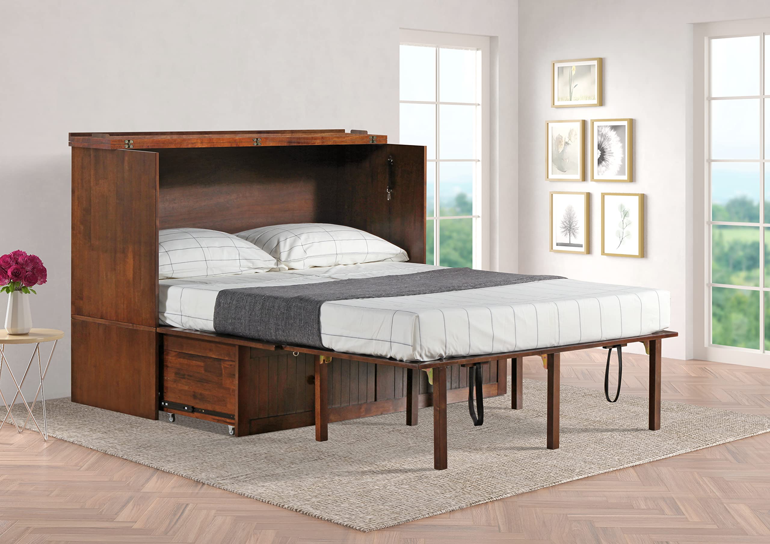 Murphybedz Tuscany Murphy Cabinet Chest Bed with Charging Station 6 Inch, Queen (Tobacco)