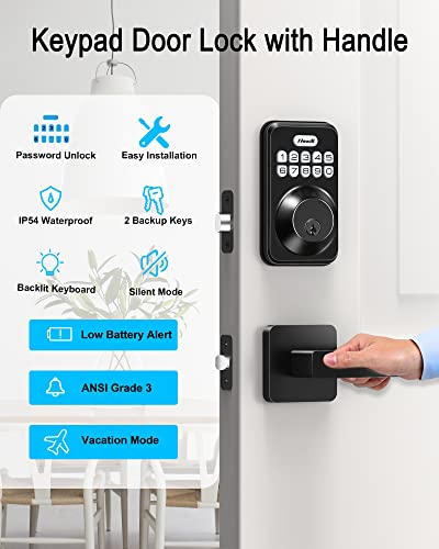 Keyless Entry Door Lock with 2 Handles, Zowill Electronic Keypad Deadbolt, Auto-Locking, Anti-Peeping Password, Digital Smart Code Door Lock, Front Door Handle Sets, Matte Black