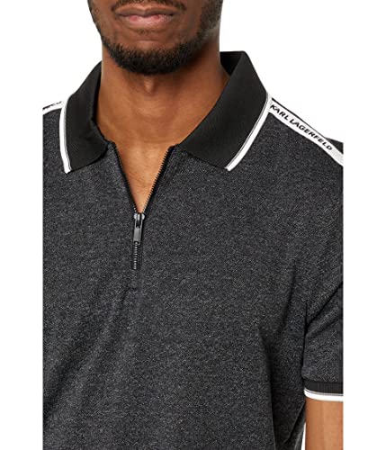 Karl Lagerfeld Paris Men's Polo Half Zip with Logo Tape Cotton Blend, Black, Medium