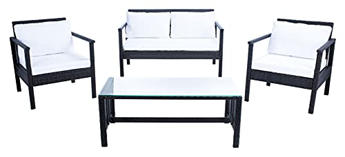 Safavieh Outdoor Collection Garnen Wicker Cushion 4-Piece Living Set PAT7714A, Black/White