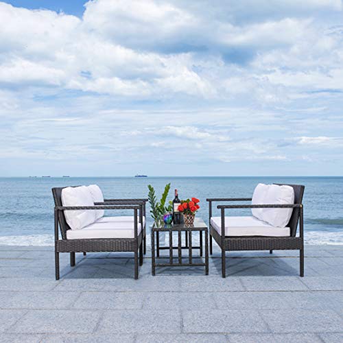 Safavieh Outdoor Collection Garnen Wicker Cushion 4-Piece Living Set PAT7714A, Black/White