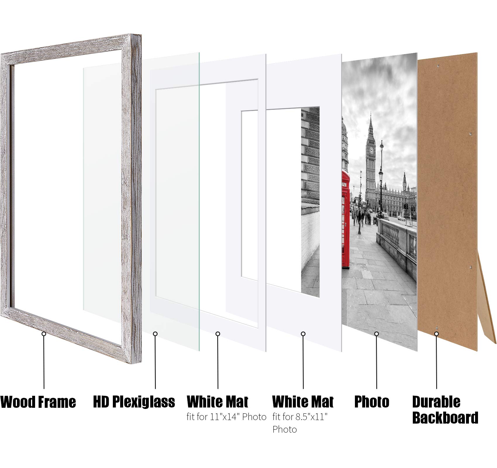 12x16 Rustic Picture Frames Solid Wood Display Pictures 11x14 or 8.5x11 Diplomas with Mat or 12x16 without Mat, Farmhouse Distressed Wooden Picture Frame for Wall or Table Top Display, Driftwood White