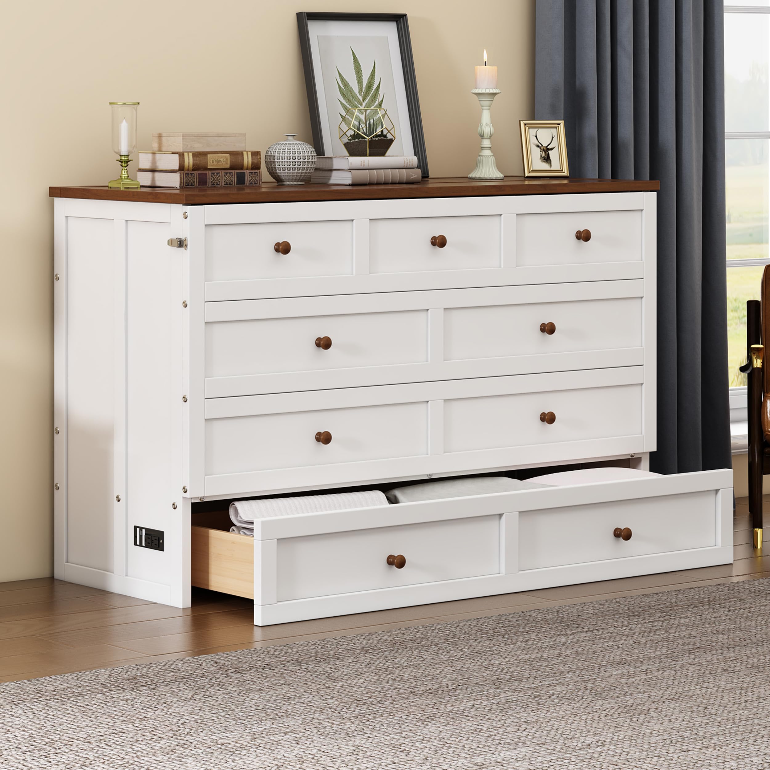 Harper & Bright Designs Full Size Murphy Bed, Solid Pine Murphy Bed Chest with Charging Station and Large Storage Drawer for Home Office or Small Room, White+Walnut