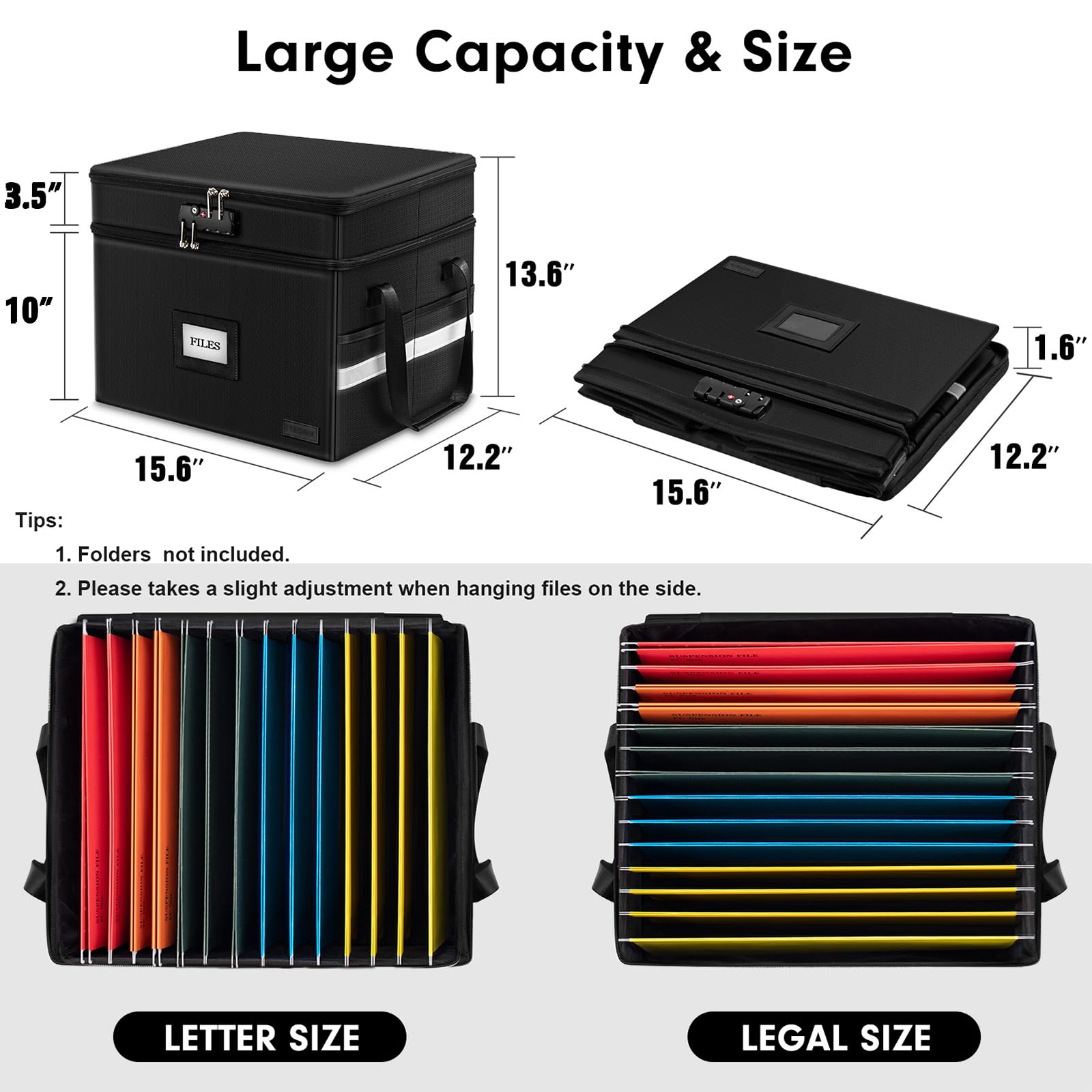 Fireproof Document Box with Lock, ETRONIK 2 Layer File Box Organizer with 5 Tab Inserts, Portable Office Collapsible File Storage with Reflective Strip for Hanging Letter/Legal Size Folder/Certificate