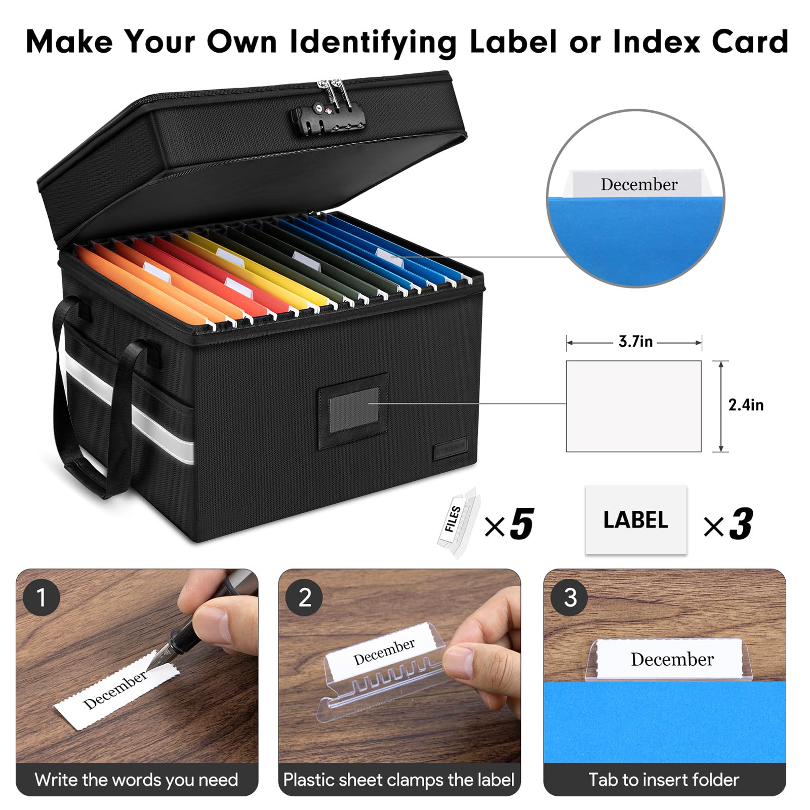 Fireproof Document Box with Lock, ETRONIK 2 Layer File Box Organizer with 5 Tab Inserts, Portable Office Collapsible File Storage with Reflective Strip for Hanging Letter/Legal Size Folder/Certificate