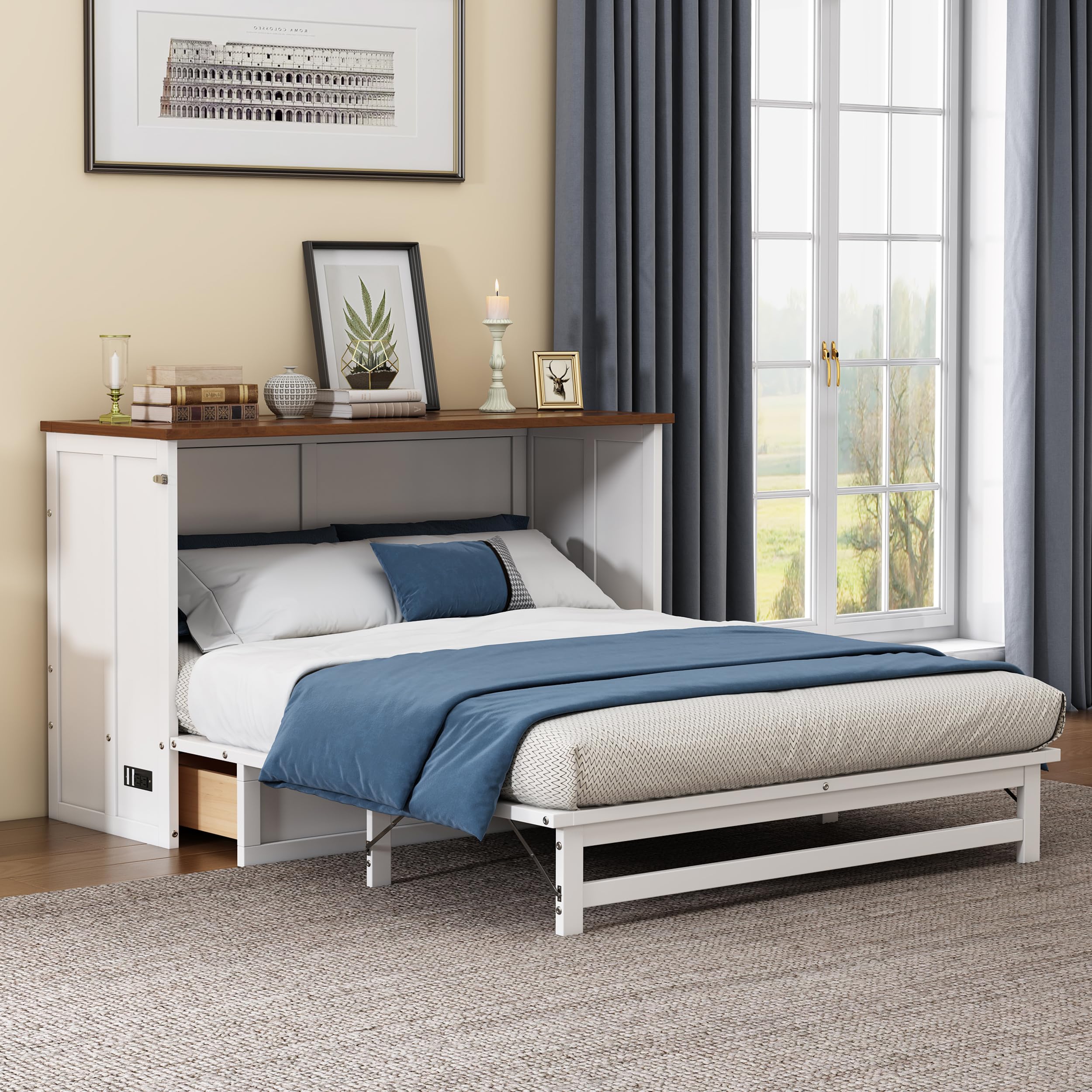 Harper & Bright Designs Full Size Murphy Bed, Solid Pine Murphy Bed Chest with Charging Station and Large Storage Drawer for Home Office or Small Room, White+Walnut