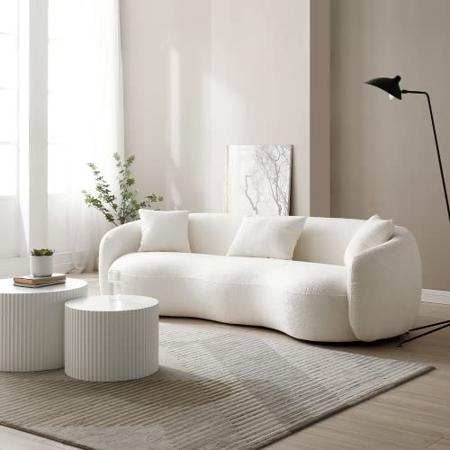 WILLIAMSPACE 94" Modern Curved Sofa, Back Upholstered Boucle Couch with 3 Throw Pillows, 3-Seat Boucle Fabric Couch for Living Room, Office, Apartment, Beige