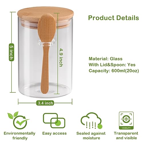 Set of 4 Airtight Glass Jars with Bamboo Lids and Spoons - 20oz Decorative and Durable Borosilicate Glass Canisters Perfect for Storing Coffee Beans,Tea,Flour,Sugar,Nuts,Candy,Bath Salts and More