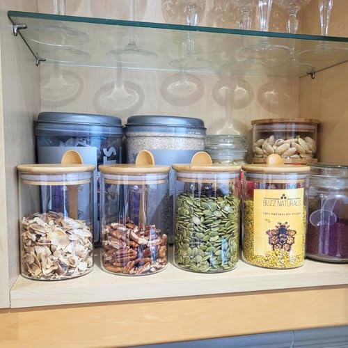 Set of 4 Airtight Glass Jars with Bamboo Lids and Spoons - 20oz Decorative and Durable Borosilicate Glass Canisters Perfect for Storing Coffee Beans,Tea,Flour,Sugar,Nuts,Candy,Bath Salts and More