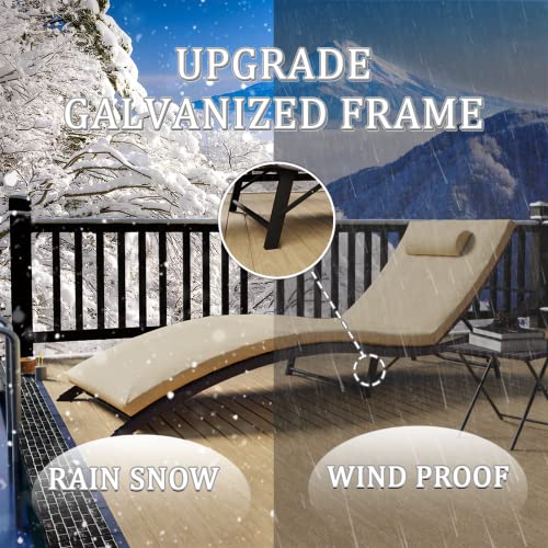 Kullavik Lounge Chairs for Outside,3 Pieces Chaise Lounge Outdoor Folding Pool Lounge Chairs Including Table Rattan Patio Furniture Set,Sand