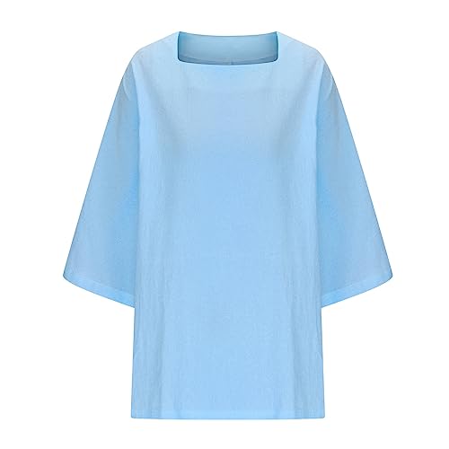 ysgfhgjw orders placed by me Square Neck Tops For Women Bell 3/4 Sleeve Side Split Solid Color Blouses Cotton Linen Casual Dressy Work Out Tunics Light Blue 2X