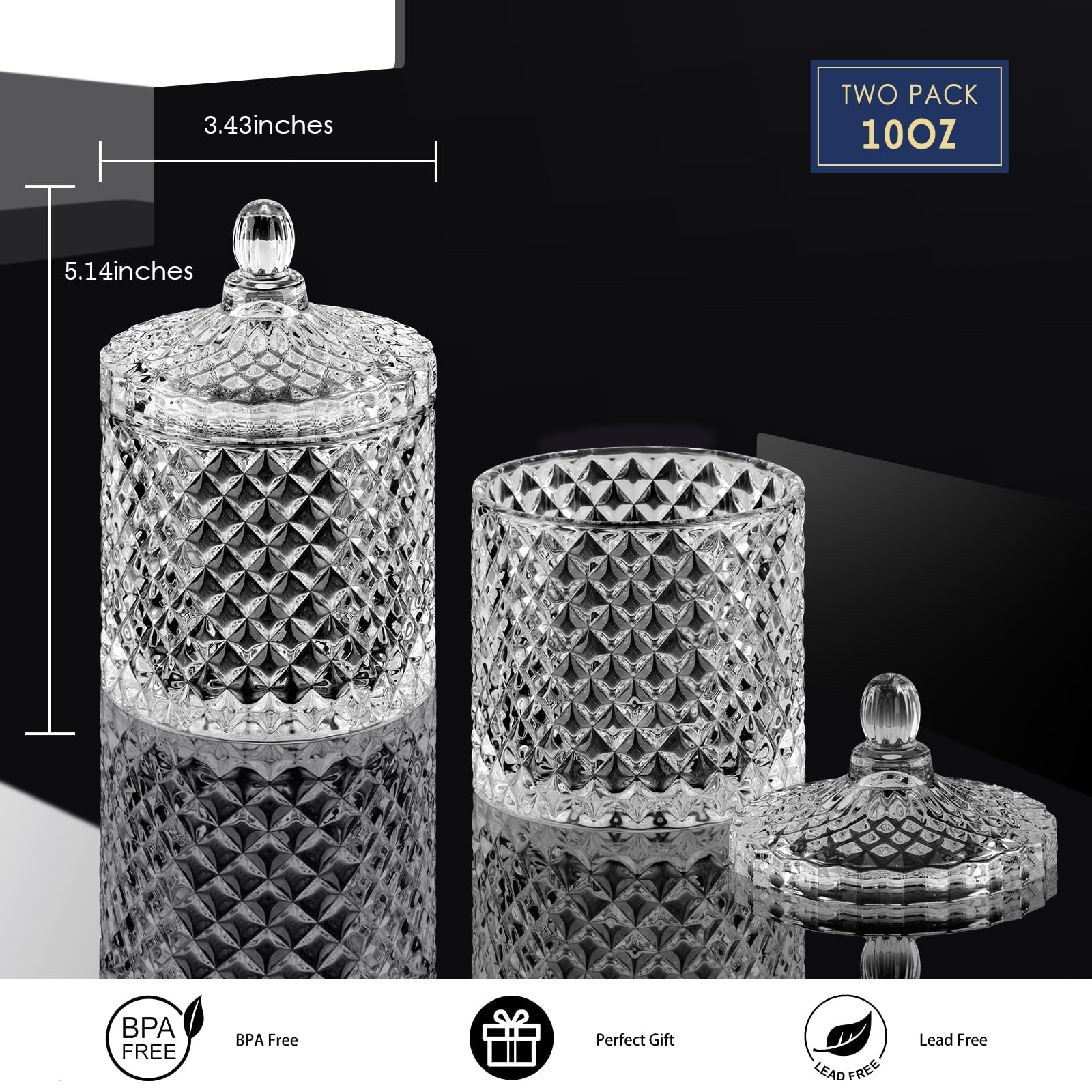 ALAMHI 2 Pack Qtip Holder Cotton Round Ball Holder Set, Apothecary Jars Glass Bathroom Storage jars with Lids for Bathroom Decor, Qtip Dispenser for Cotton Swab,Cutip,Cotton Pad