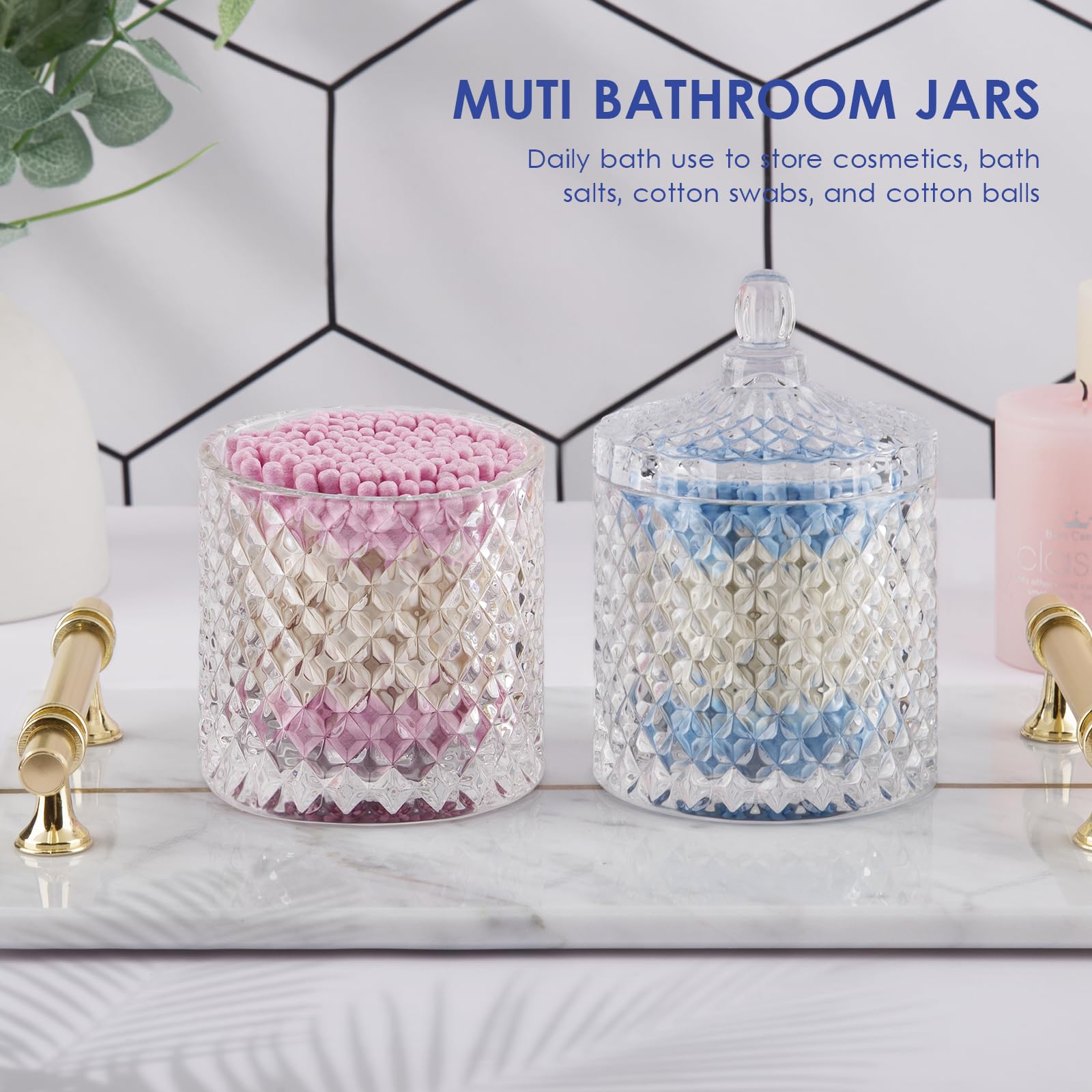 ALAMHI 2 Pack Qtip Holder Cotton Round Ball Holder Set, Apothecary Jars Glass Bathroom Storage jars with Lids for Bathroom Decor, Qtip Dispenser for Cotton Swab,Cutip,Cotton Pad