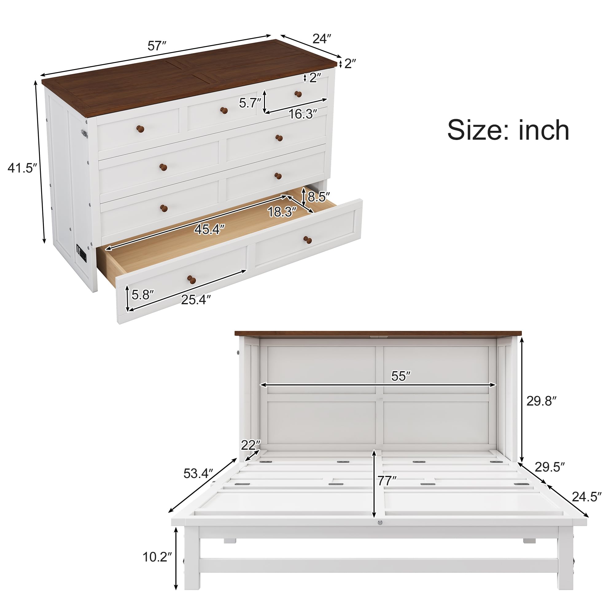 Harper & Bright Designs Full Size Murphy Bed, Solid Pine Murphy Bed Chest with Charging Station and Large Storage Drawer for Home Office or Small Room, White+Walnut