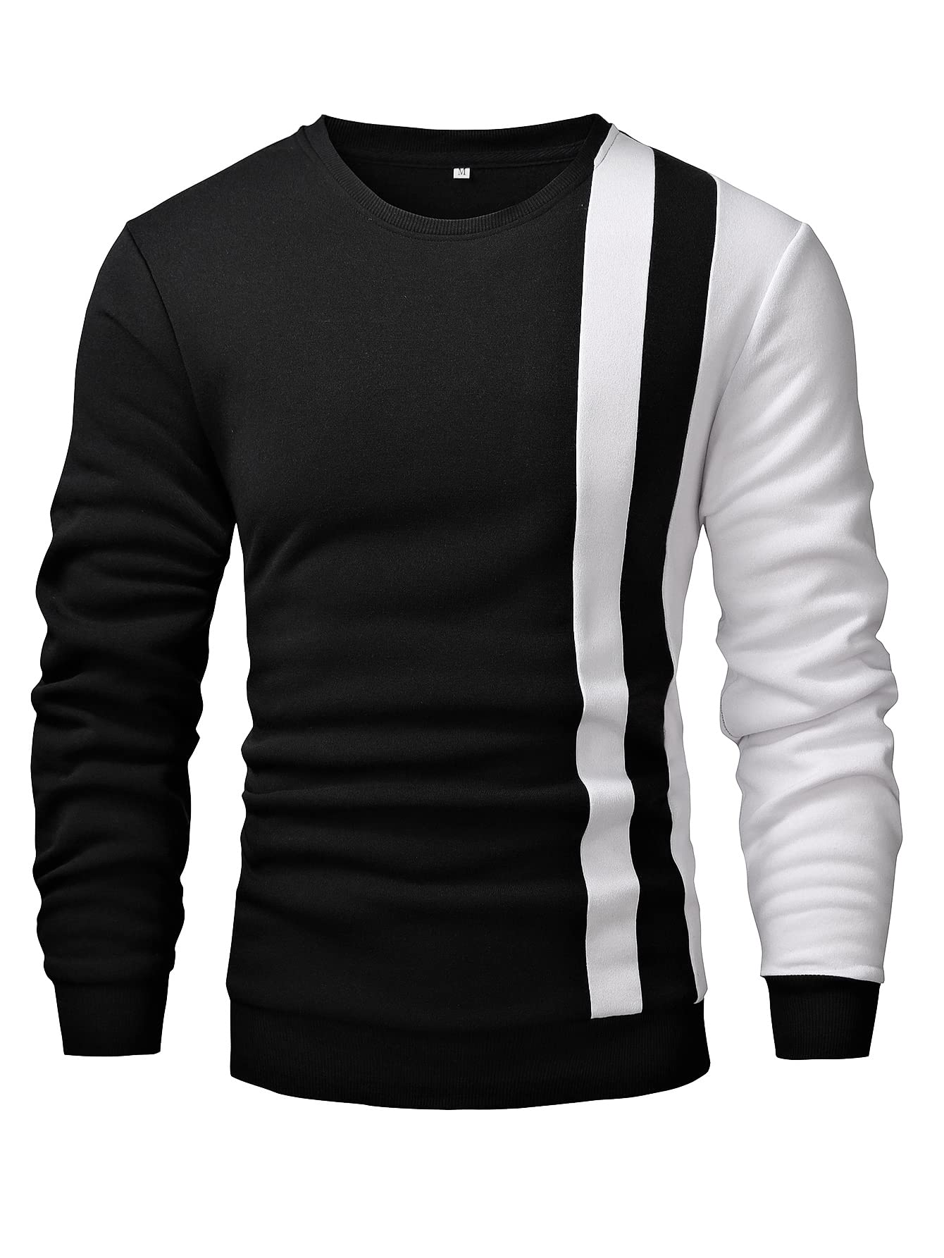 GORGLITTER Men's Casual Crewneck Sweatshirt Color Block Fleece Pullover Sweatshirt Black and White Large