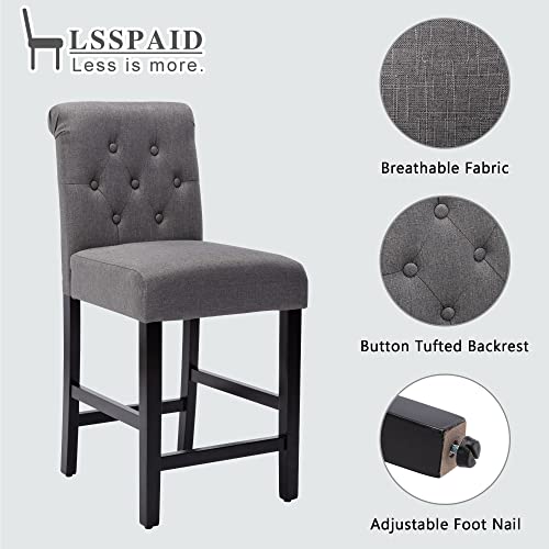 LSSPAID Bar Stools Set of 2, 24 inch Fabric Counter Height Bar Stools, Kitchen Island Wood Bar Chairs, Solid Wood Legs Barstools, Grey