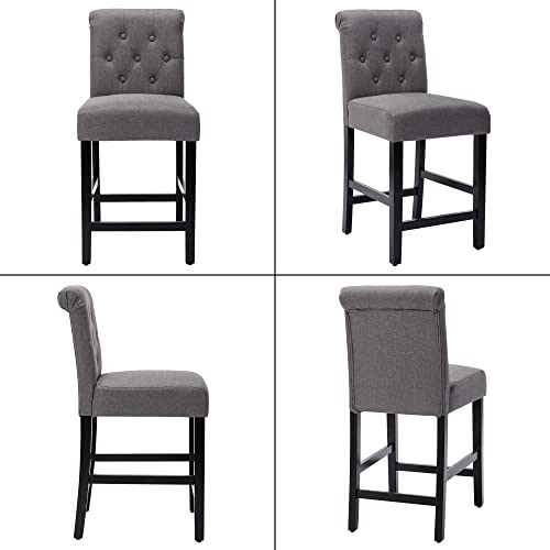 LSSPAID Bar Stools Set of 2, 24 inch Fabric Counter Height Bar Stools, Kitchen Island Wood Bar Chairs, Solid Wood Legs Barstools, Grey